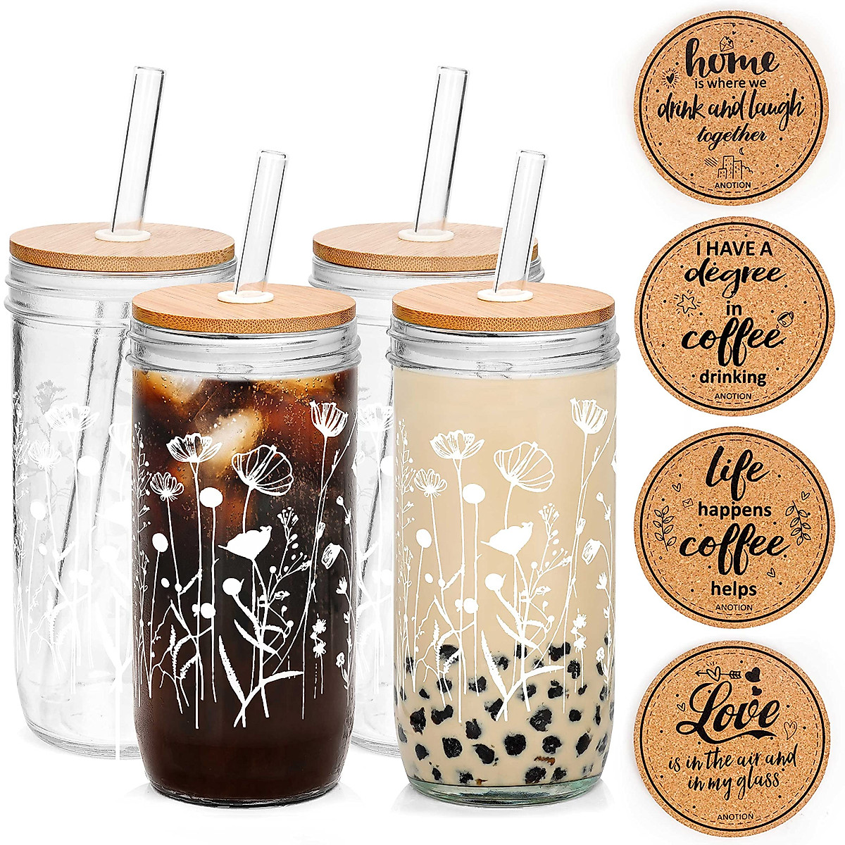 ANOTION Floral Coffee Cups, Mason Jars with Lids and Straws Glass Cups with Wildflower Bamboo Lid Iced Coffee Cups Tumbler Drinking Glasses Travel Coffee Mug Gift for Women Sister Mom