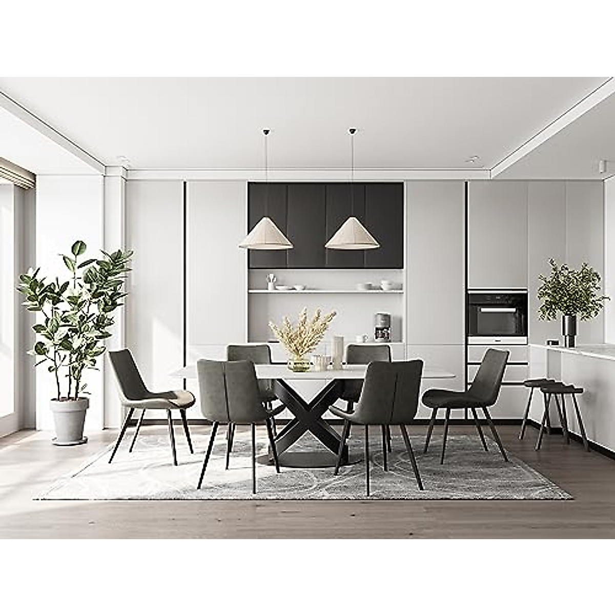 Modern Dining Table, Sintered Stone Tabletop Dining Room Table for Up to 8, Simple Retro Art, Rounded Corner Design, Solid Black Carbon Steel Base, 71"