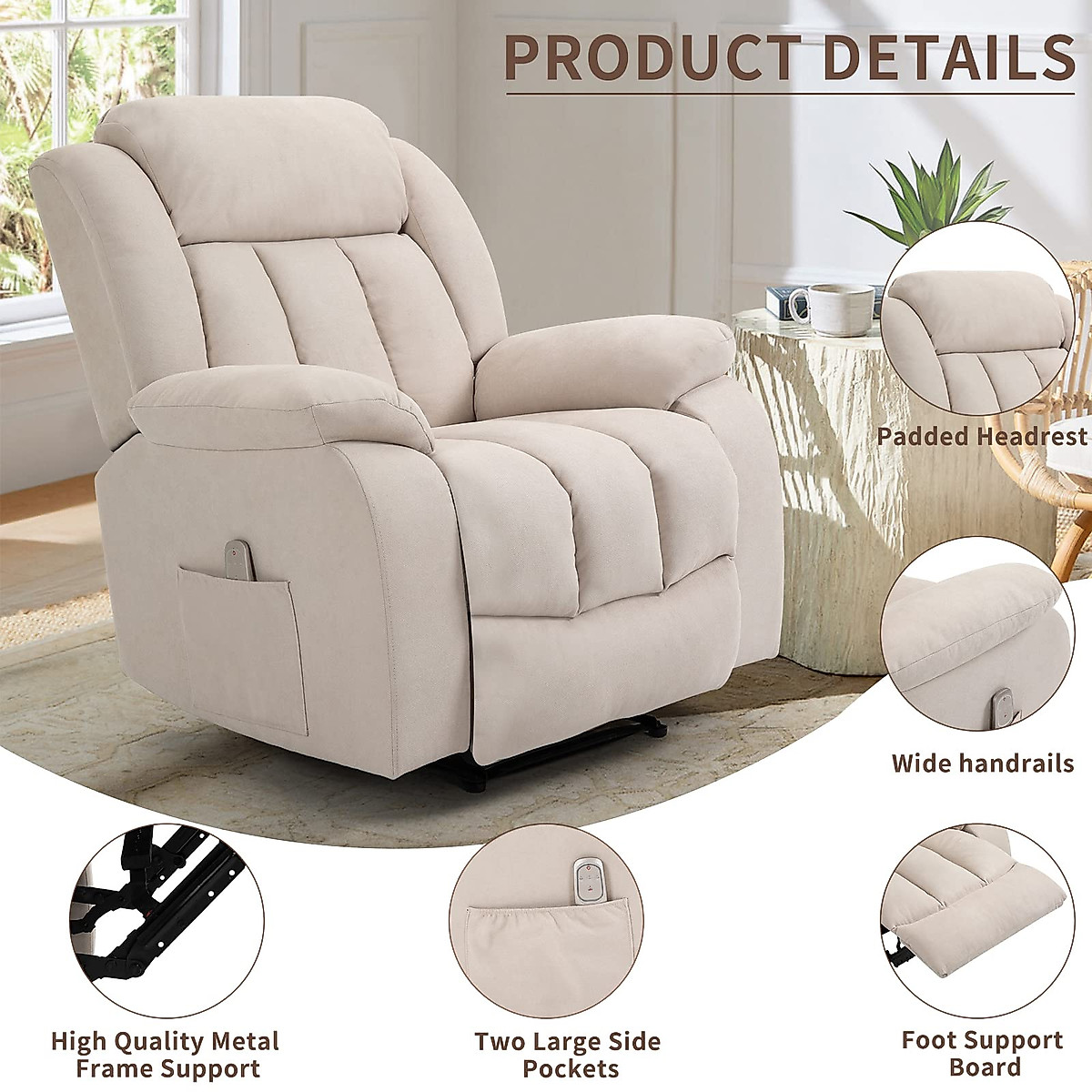HOMHUM Massage Recliner Chair, Linen Fabric Recliner Chair modern rocker recliner chair with Heat and Vibration Function, Side Pockets Sofa Chair for Home Theater, Living Room, Beige