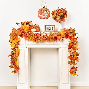 Dolicer 2 Packs 12Ft Fall Garland Maple Leaf, Fall Foliage Garland, Artificial Fall Hanging Garland Vine with Special Pumpkin Sign for Thanksgiving Door Fireplace Party Home Decor