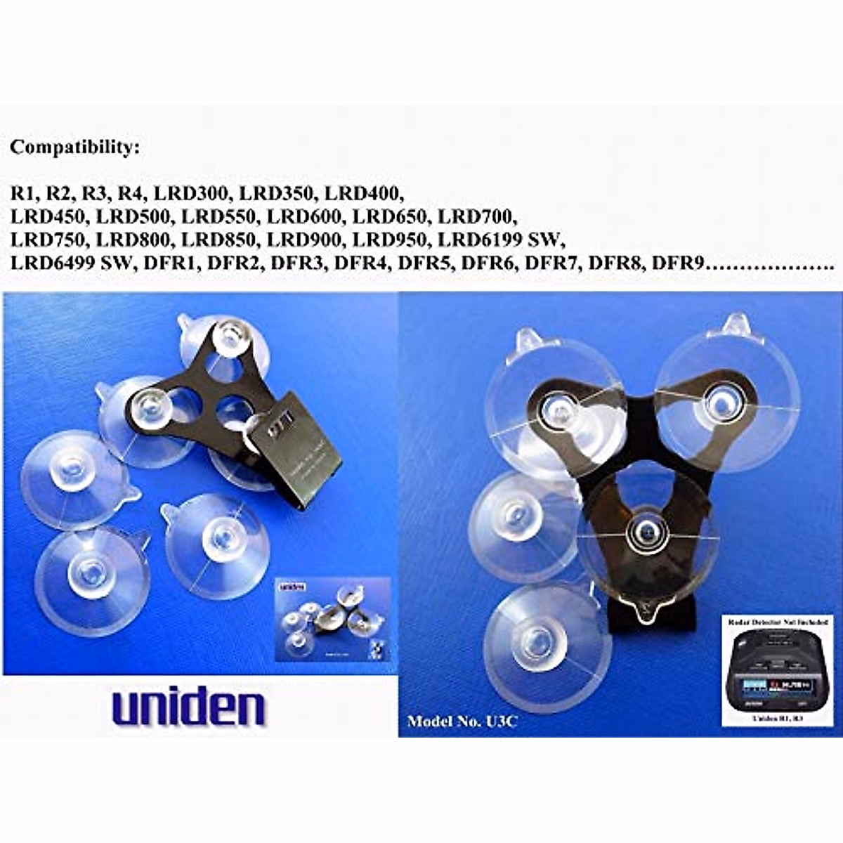 U3C Improved Windshield Mount Bracket with 6 Clear Suction Cups for R1 R3 & Most Uniden Radar Detectors
