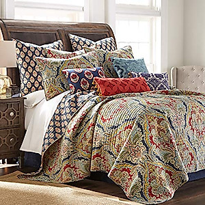 Levtex Home - Moreno Quilt Set - Full/Queen Quilt + Two Standard Pillow Shams - Traditional Damask - Red, Blue, Grey, Gold, Teal - Quilt (88x92in.) and Pillow Shams (26x20in.) - Reversible - Cotton