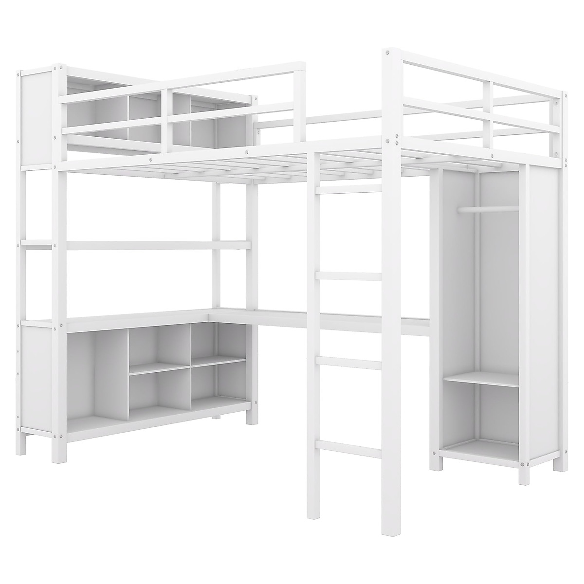 Linique Full Size Metal Loft Bed with L-Shape Desk, Wardrobe and Storage Shelves, Full Length Guardrail and Ladder, White
