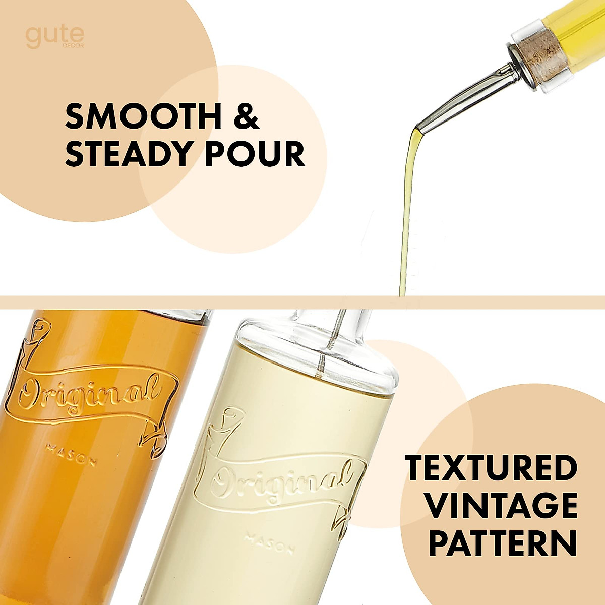 Mason Jar Oil and Vinegar Cruet Bottles - Set of 2-16.9oz - Authentic Original Olive Oil Glass Dispenser Set, Leak Free, Strong Stainless Steel Top with Weighted Pourer & Cork Base, Farmhouse Décor