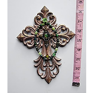 Upscaled Green ROSE Beaded WALL CROSS Decor, Wood Hand Beaded Cross, Office home church cross, upscaled religious art, Christian gift