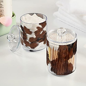 WELLDAY Apothecary Jars Bathroom Storage Organizer with Lid - 14 oz Qtip Holder Storage Canister, White Brown Print Cow Clear Plastic Jar for Cotton Swab, Cotton Ball, Floss Picks, Makeup Sponges,Hair