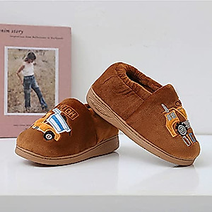 Kids Toddler Boys Excavator Slippers Truck Winter Warm Anti-Slip Indoor Home Shoes (Khaki, 1-2 Little Kid, numeric_1)