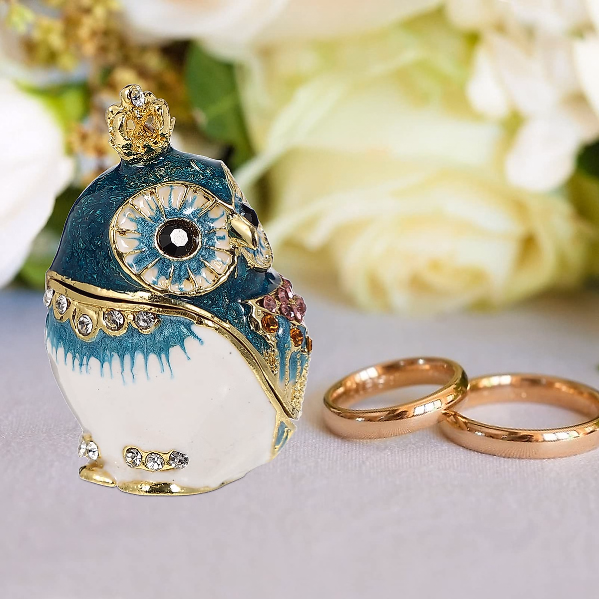 VOSAREA Owl Trinket Box Hand Painted Metal Hinged Jewelry Box Enameled Crystals Rings Earrings Necklace Storage Container Animal Figurine Collectible for Home Decor Blue