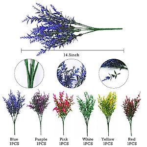 AOUCKSX Artificial Lavender Flowers 6 Bundles Outdoor UV Resistant Faux Plastic Plants Artificial Greenery Lavender for Home Garden Wedding Indoor Porch Box Table Centerpiece Decorations