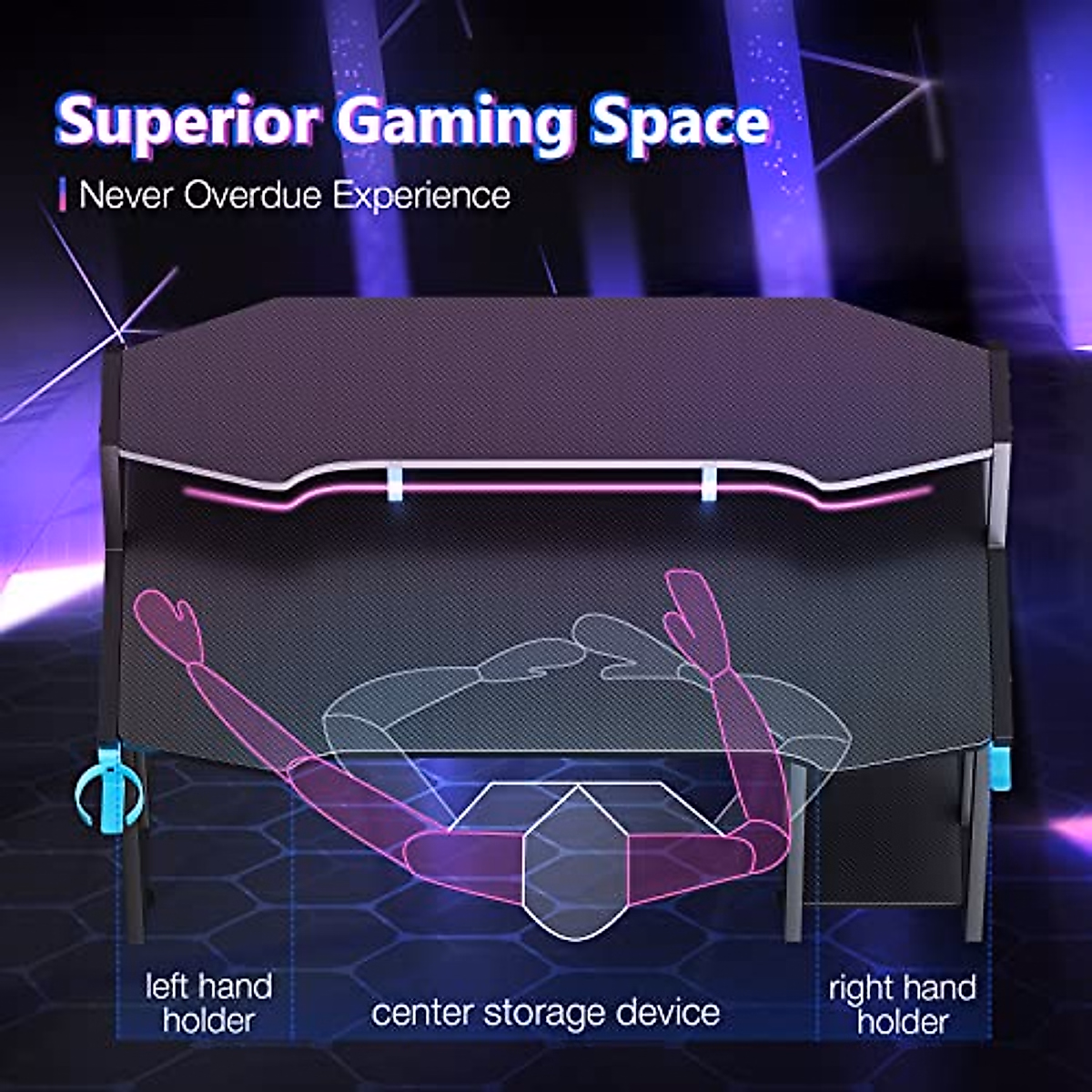 MOTPK Gaming Desk with Storage Shelf 47 inch, Computer Desk with Monitor Shelf, Gaming Table with Carbon Fiber Surface, Gamer Desk with Cup Holder & Headphone Hook, Gift for Boys Men, Black