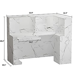 Homsee Reception Desk L-Shaped Office Desk with Counter, 1 Door Storage Cabinet, 1 Lockable Drawer, Hutch Shelf and Keyboard Tray (White Marble)