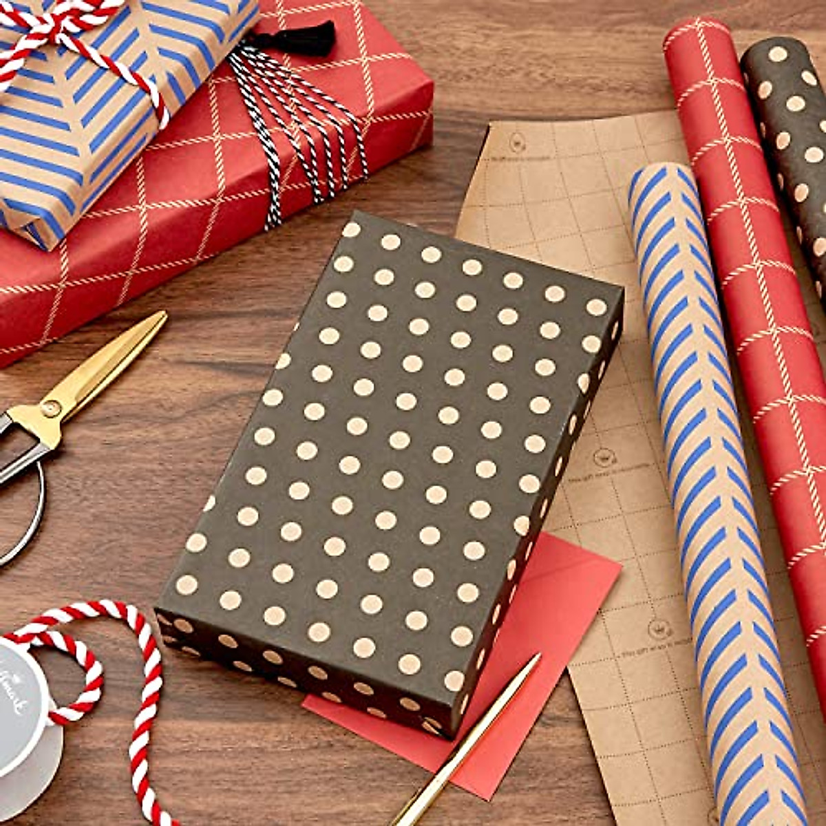Hallmark Recyclable Wrapping Paper with Cutlines on Reverse (3 Rolls: 60 sq. ft. ttl) Red Grid, Blue Chevron, Black Dots on Kraft Brown for Birthdays, Graduations, Christmas, 0005EWR6546