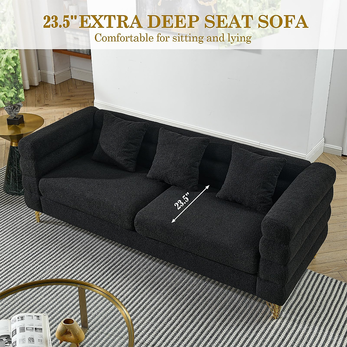 JEEOHEY Sofa, 81 Inch Oversize Sofa,3 Seater Extra Deep Seat Sofa,Modern Upholstered Futon Sofa Couch,Comfy Teddy Bouclé Cloud Sofa,Furniture for Living Room,Bedroom,Office,Apartment(Black)
