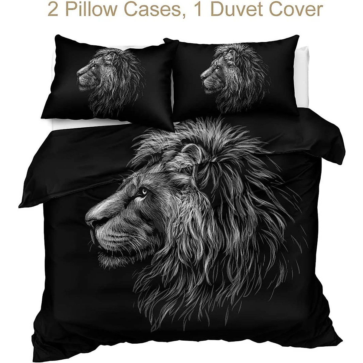 Sleepwish 3D Lion Bedding King Set Vintage Lion Duvet Cover Set Black Grey 3 Piece Trendy Wild Animal Bed Comforter Cover for Adults Men, King