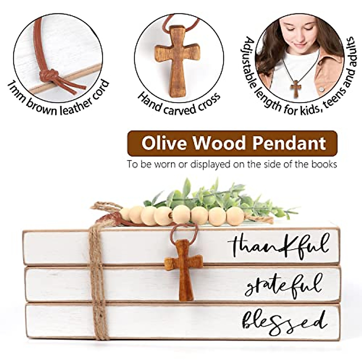 Stacked Book Decoration, New Bundle Bead Garland and Wood Cross Pendant - Book Stack for Farmhouse Table - Rustic Accent for End Table Coffee Table or Shelves