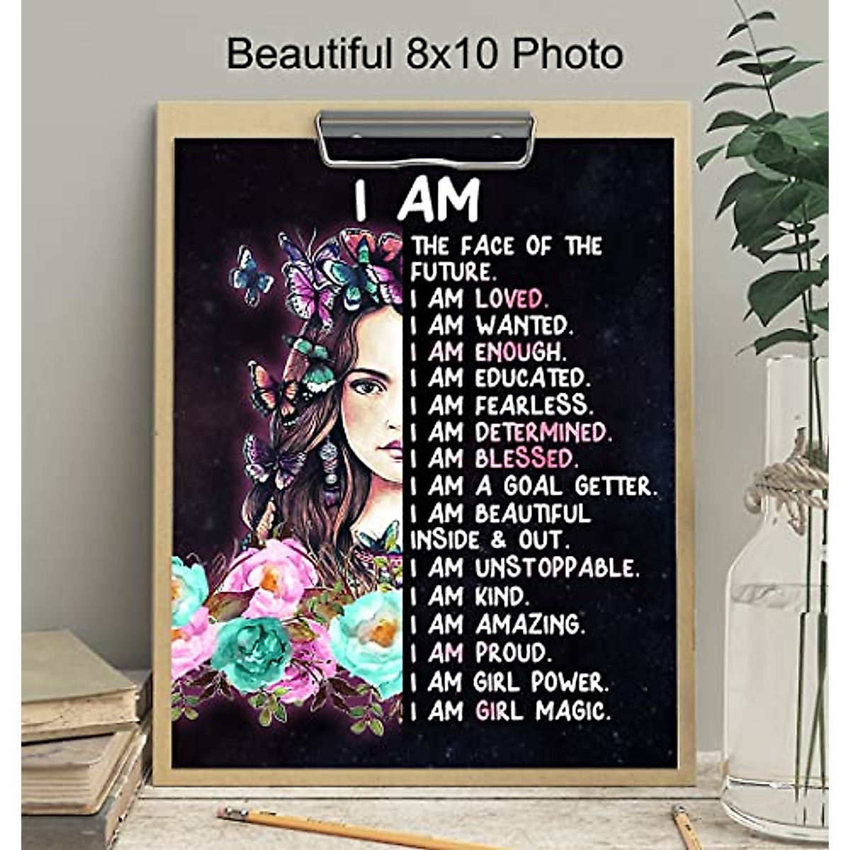 Teen Girls Bedroom Wall Art - Positive Quotes - I Am Tween Little Girls Bedroom Decor - Cute Daughter Gifts - Inspirational Sayings for Wall Decor - Positive Affirmations Wall Decor Poster 8X10