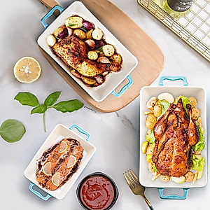 Hacaroa Set of 3 Ceramic Baking Dishes, Rectangular Bakeware with Handles, Elegant Casserole Dish Set Lasagna Pan for Baking, Cooking, Cake Dinner, Banquet, Lake Blue, 3 Sizes