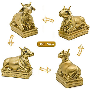 Hindu Nandi Holy Cow Statues - 2PCS Gold Nandi Cow Sitting Position Statue for House Temples Puja Home Decor Diwali Gift