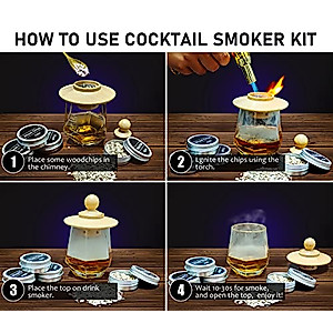 Cocktail Smoker Kit, Old Fashioned Kit for Whisky Bourbon, with Torch - Four Flavors Smoking Wood Chips, Drink Smoker Infuser Kit , Bar Set, Gifts for Him/Father/Husband/Friends（no Butane