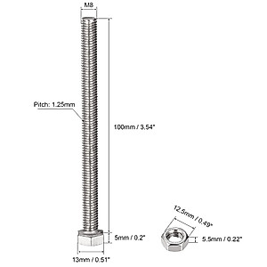 uxcell M8 x 100mm Hex Head Screws Bolts, Nuts, Flat & Lock Washers Kits, 304 Stainless Steel Fully Thread Hexagon Bolts 6 Sets