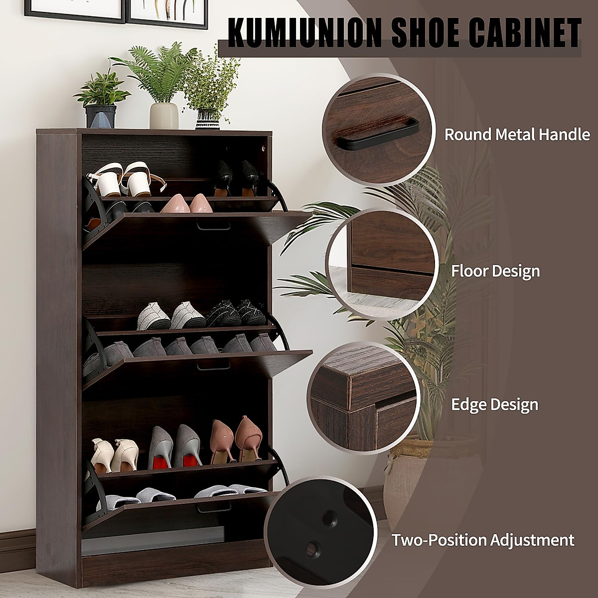 KUMIUNION Shoe Storage Cabinet with 3 Flip Drawers, Freestanding Storage Racks for Entryway Hidden Narrow Shoe Organizers Perfect for Heels, Boots, Slippers, Walnut Brown