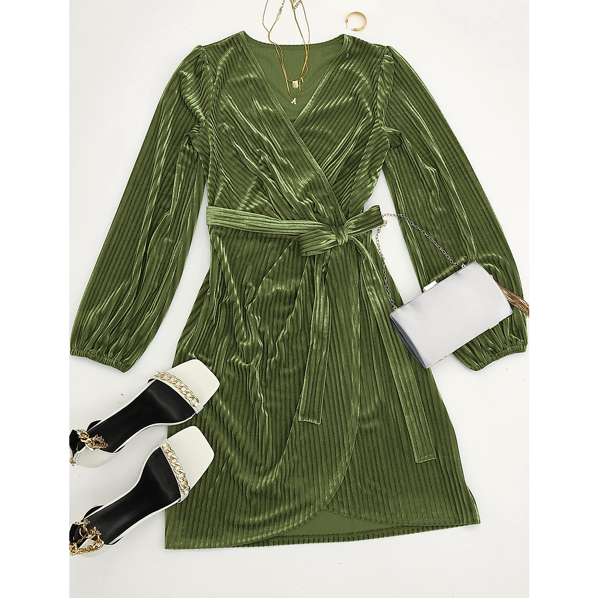 MEROKEETY Women's 2024 Long Sleeve Wrap Velvet Mini Dress Sexy V Neck Cocktail Party Club Dress, Olive, M