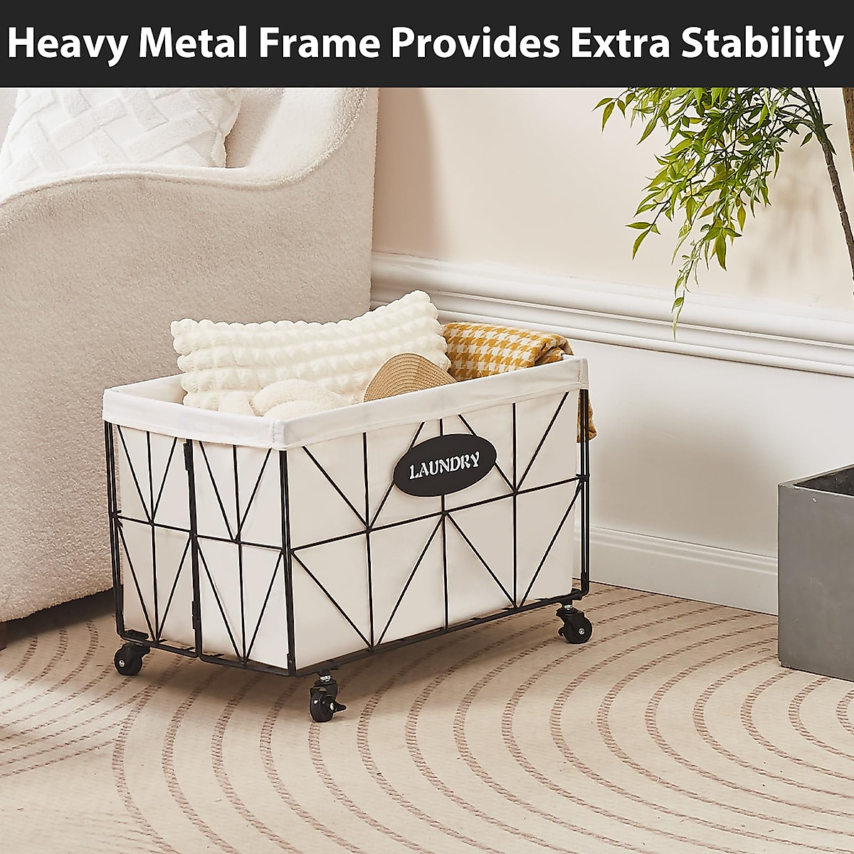 Mxfurhawa Collapsible Laundry Hamper with Wheels, 65L Capacity and Removable Liner, Sturdy Metal Frame for Clothes Storage and Transport - Convenient Laundry Basket for Home Use (65L-LB-Black)