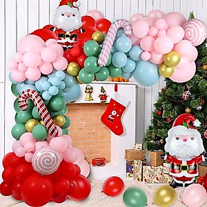 Christmas Balloon Garland Arch Kit, 140Pcs Christmas Balloons with Cane Candy Foil Balloons for Christmas Party Decorations Xmas New Year Birthday Party Supplies
