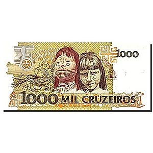 1990 BR Flawless Old Brazil Bill w Tatooed Indians, Colonial Governor! 1000 CRUZEIROS Gem Crisp Uncirculated