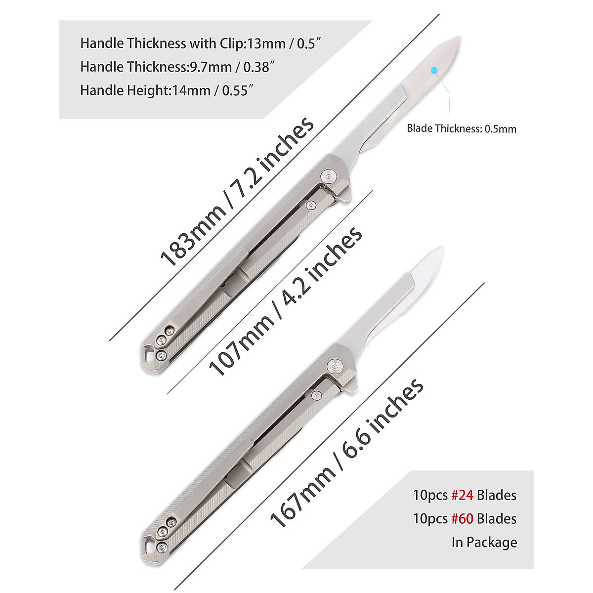 ainhue A42 Compact Slim Flipper Folding Pocket Scalpel Knife, 20pcs Replaceable Blades, 4.2 inches Slender Grey TC4 Titanium Handle Frame Lock Pocket Clip, Lanyard Hole for EDC Gentleman's Knife