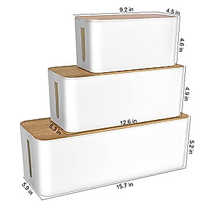3 Pack Cable Management Box with 18 PCS Cable Management Set - Large & Medium & Small Wooden Grain Cable Organizer Box to Hide Wires & Power Strips | TV Cord Organizer Box | for Home & Office(White)
