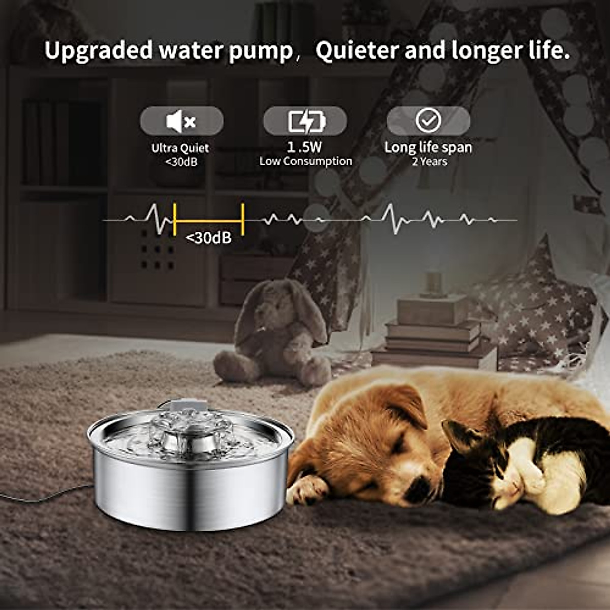 Cat Water Fountain,Stainless Steel Pet Water Fountain for Cats Inside,Automatic Cat Water Dispenser,Cat Fountain Water Bowl with Ultra Quiet Pump for Cats and Small Dogs (Silver)
