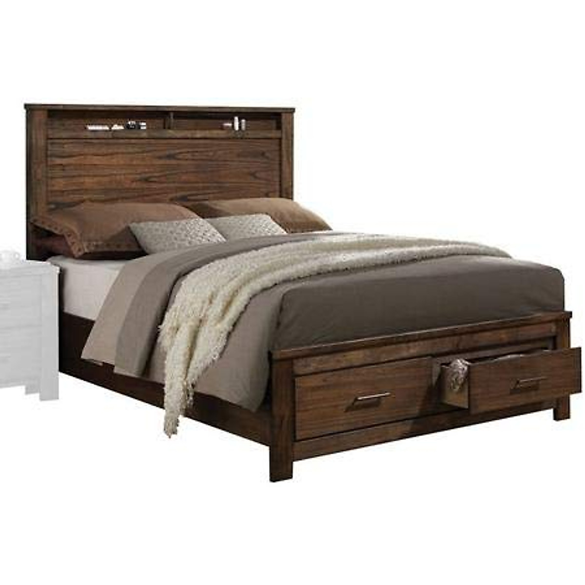 Knocbel Country-Cottage Queen Bed Frame with 2 Drawers, Wood Platform Bed Mattress Foundation with Slats Support & Storage Headboard, 85" L x 64" W x 55" H (Oak)