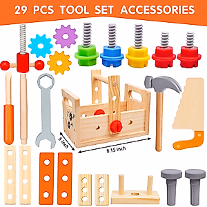 Kaodezhu Wooden Tool Set Montessori Toys for 2 3 4 5 Year Old Boy, 29Pcs Stem Toys Toddler Educational Toys Age 2-3, Tool Bench Pretend Play Construction Learning Toys for Toddler Birthday Gifts