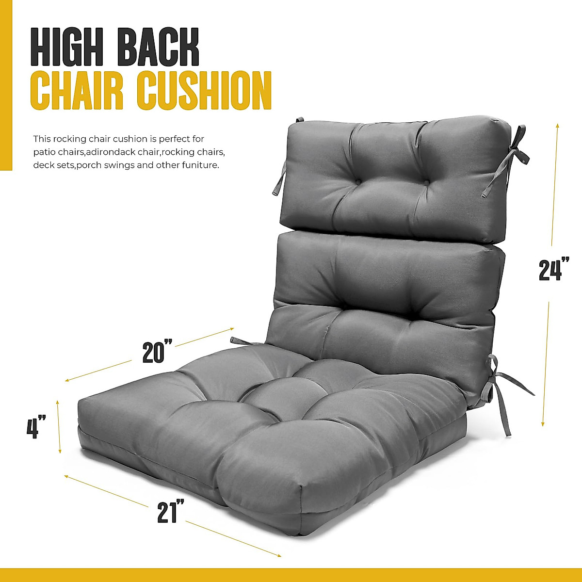 DANGHOOGY Outdoor Rocking Chair Cushion, Waterproof High Back Adirondack Chair Cushion with Ties, 44x21x4 Inches Patio Seat Cushion Replacement for Outdoor Furniture (1, Grey)