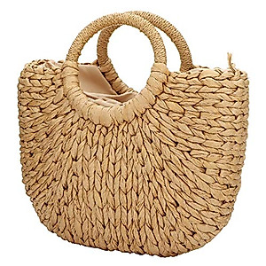 Hand-woven Straw Large Hobo Bag for Women Round Handle Ring Toto Retro Summer Beach (Brown 2)