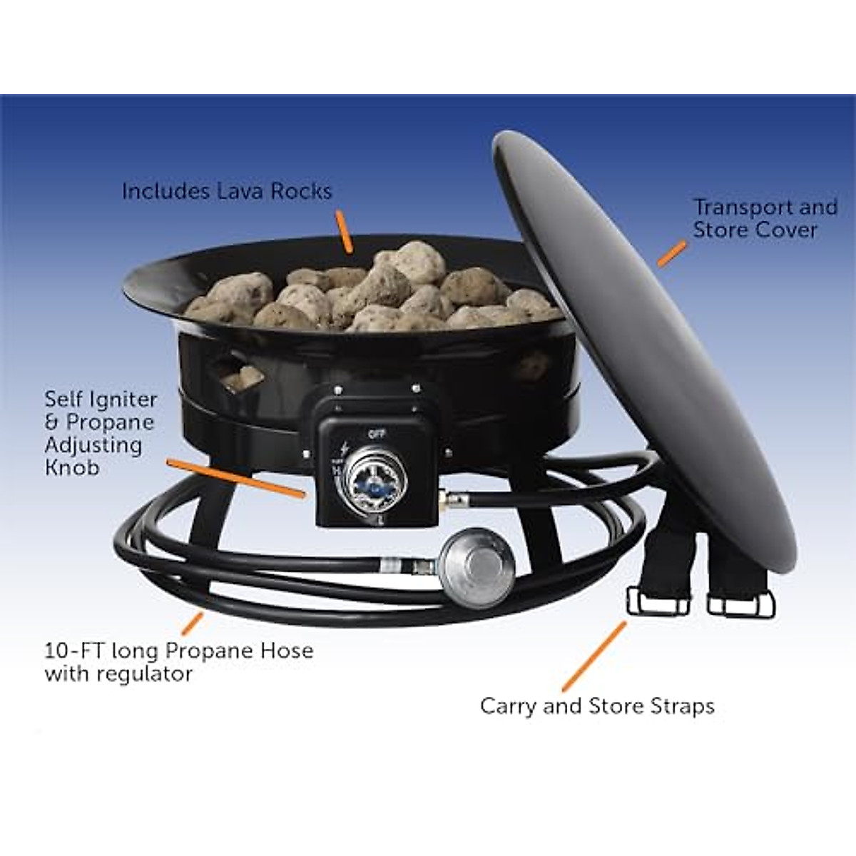 Flame King Smokeless Propane Fire Pit, 19-inch Portable Firebowl, 58K BTU with Self Igniter, Cover, & Carry Straps for RV, Camping, & Outdoor Living