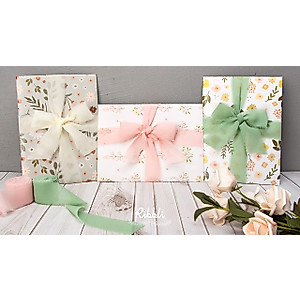 Ribbli Chiffon Ribbon 1.5 inch x 30 Yard Handmade Silk Ribbon, Ivory/Blush Pink/Sage Green Fringe Chiffon Ribbon for Wedding Invitations, Bridal Bouquets Wrapping, Flower Arrangement Decoration