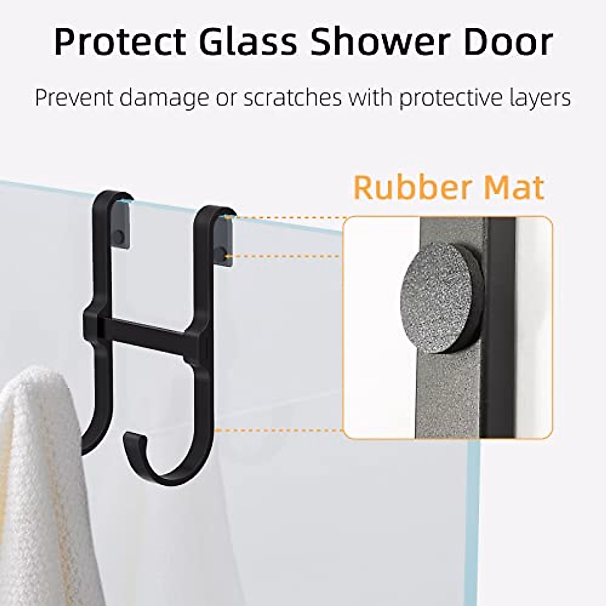 FWYH Glass Shower Door Hooks (2 Pack), Towel Hooks for Bathroom Frameless Glass Shower Door, Over Door Hooks Bathroom Drilling-Free Hanger for Hanging Towel, Robe, Loofah, Squeegee, Matte Black