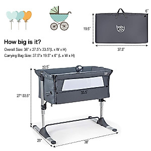 BABY JOY Baby Bassinet, Height Adjustable Portable Bassinet Crib w/Music Box, Toy Rack, Mattress, Breathable Mesh & Travel Bag, Easy Folding Bassinet Bedside Sleeper for Newborn Infant (Dark Grey)