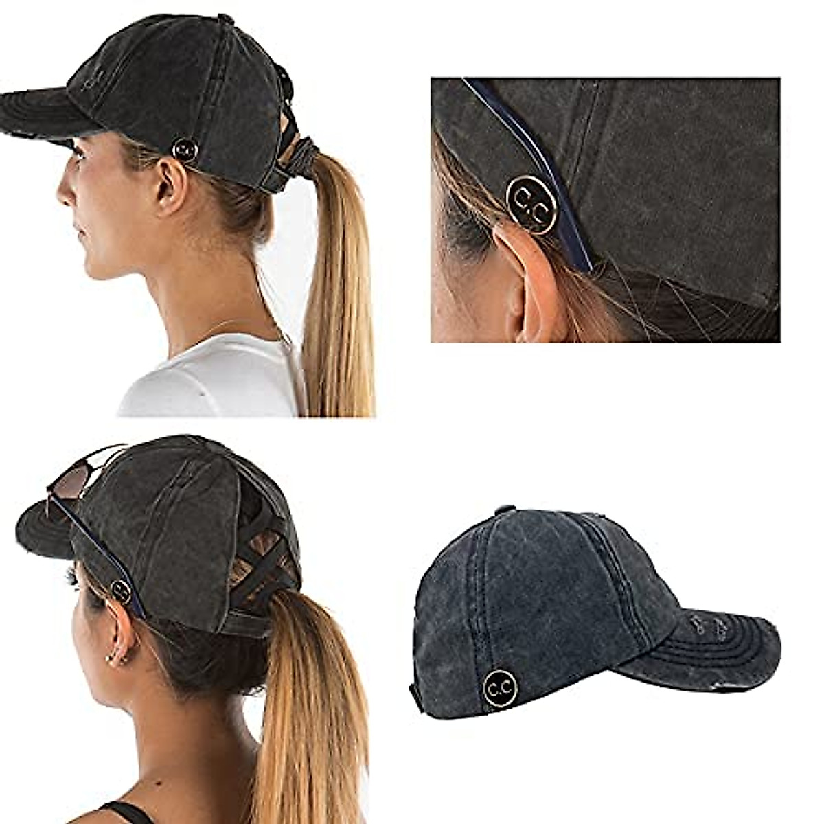Funky Junque Criss Cross Ponytail Hat w/Buttons - Black