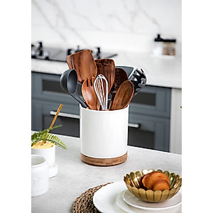 Nucookery 360° Rotating Utensil Holder, 7.2" Large Utensil Crock, White Ceramic Cooking Utensil Organizer with Countertop-Protection Cork Bottom for Farmhouse Kitchen Decor Gift (White)