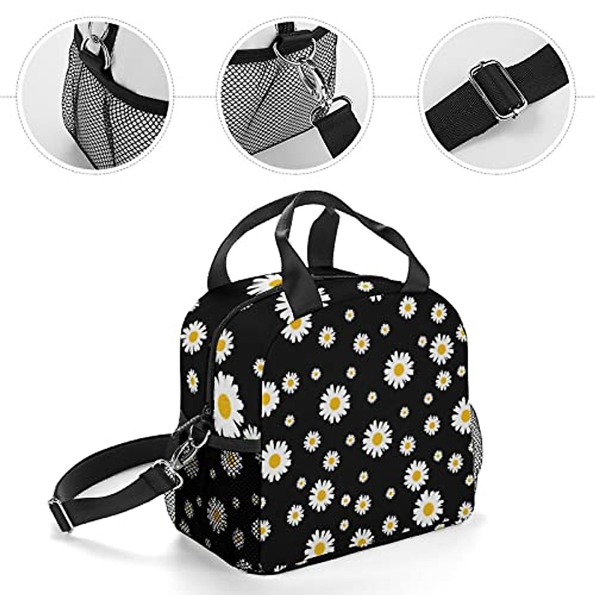 VIGKOIR Daisy Lunch Bag Durable Black Gift Lunch Box Large Cooler Container for Women Office Work Travel Picnic