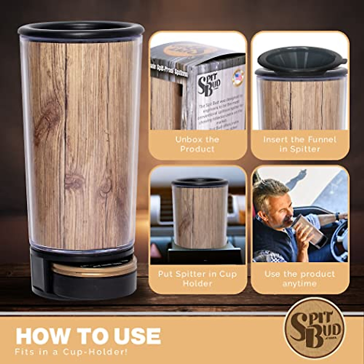 Wood Grain by Spit Bud - The Ultimate Spittoon for Chew - Portable Dip & Snuff Cup with Lid, Pop Tab, Spill-Proof Funnel, Can Cutter & Holder - Fit in Cup Holders - Holds 8oz - Made in USA