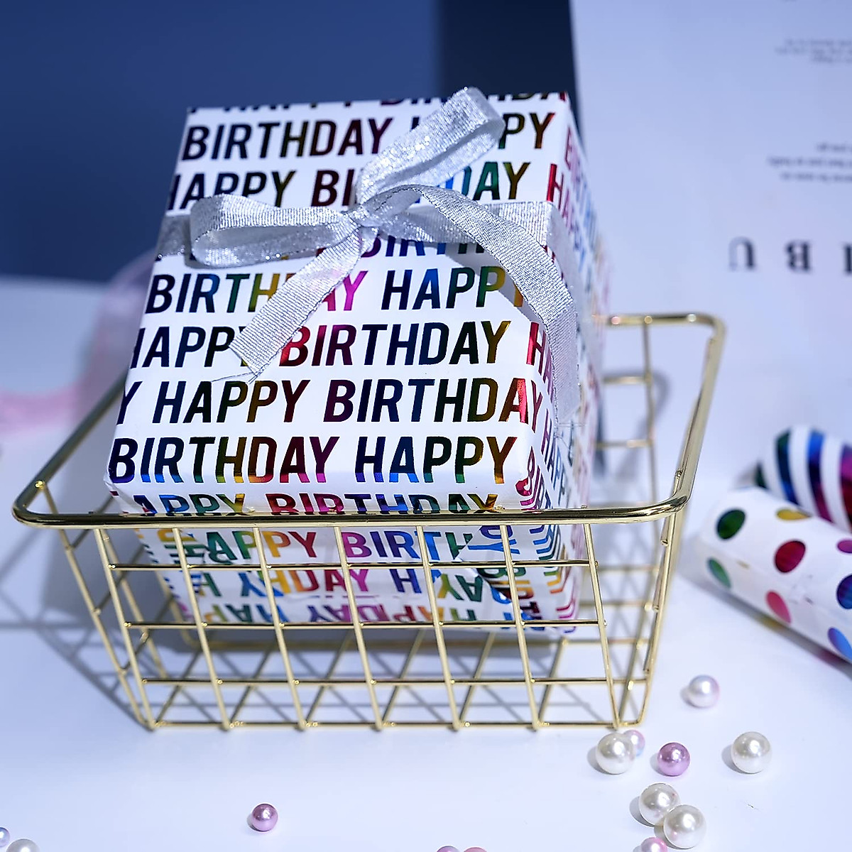 KORSEEN Gift Wrapping Paper Roll, Rainbow Gold Foil Wrapping Paper for Birthday, Party, Holiday - 3 Mini Rolls Birthday Gift Wrap - 17 x 120 Inch Per Roll