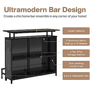 Tribesigns Home Bar Unit, 3 Tier Liquor Bar Table with Black Faux Marble Shelves and Stemware Racks, Wine Bar Cabinet Mini Bar with Acrylic Front for Home Kitchen Basement Pub, XDBAR858