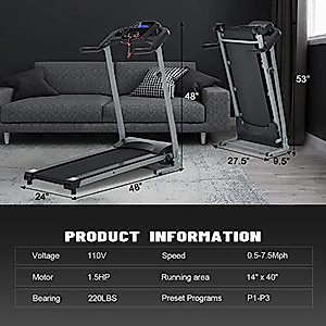 Home Foldable Treadmill with Incline, Folding Treadmill for Home Workout, Electric Walking Treadmill Machine 15 Preset or Adjustable Programs 250 LB Capacity MP3 (Black 1)