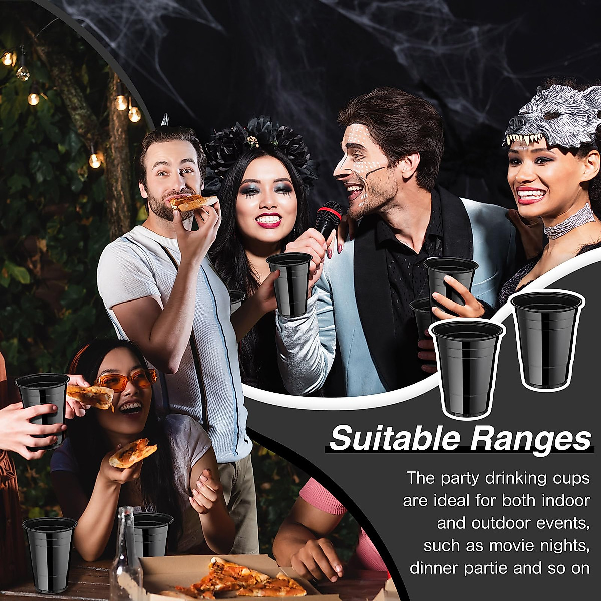 Lounsweer 100 Pack 16 oz Christmas Plastic Cups Party Supplies Cups Disposable Drinking Cups Water Cups for Graduation Wedding Birthday Beer Taste Serving Snack Sample Tastings Barbecues Picnic(Black)