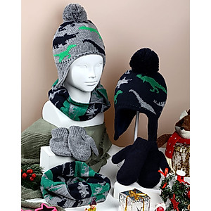SATINIOR 6 Pieces Winter Boys Hat Dinosaur Warm Mittens Set Pompom Baby Knitted Hat Scarf Gloves Earflap Beanie (Stylish Color)