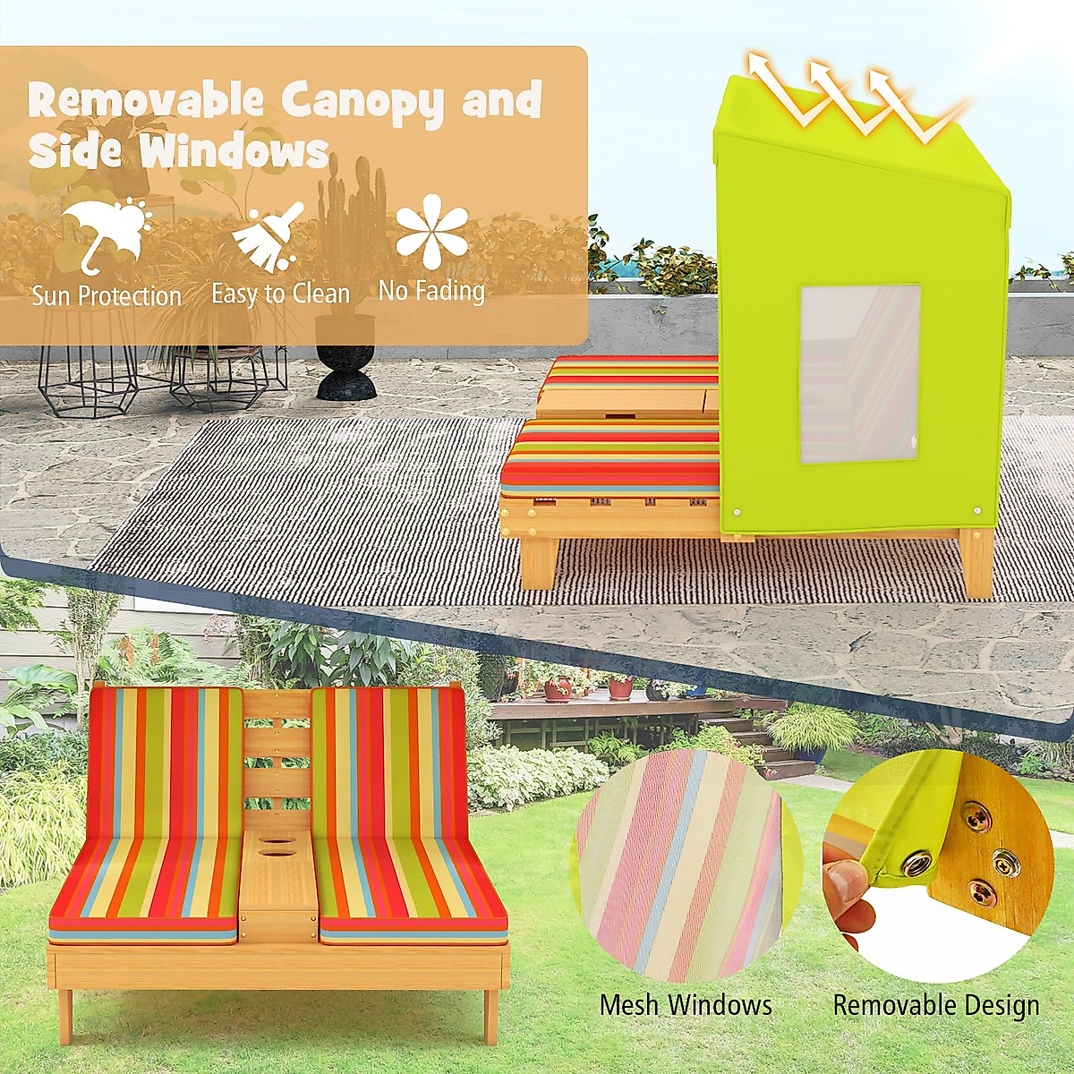 HONEY JOY Kids Chaise Lounge Chair Outdoor, Toddler Wood Double Pool Lounger Chairs w/Canopy, Cup Holders, Removable Stripped Fabric Cushions, 2-Person Kids Patio Furniture for Backyard (Light Green)